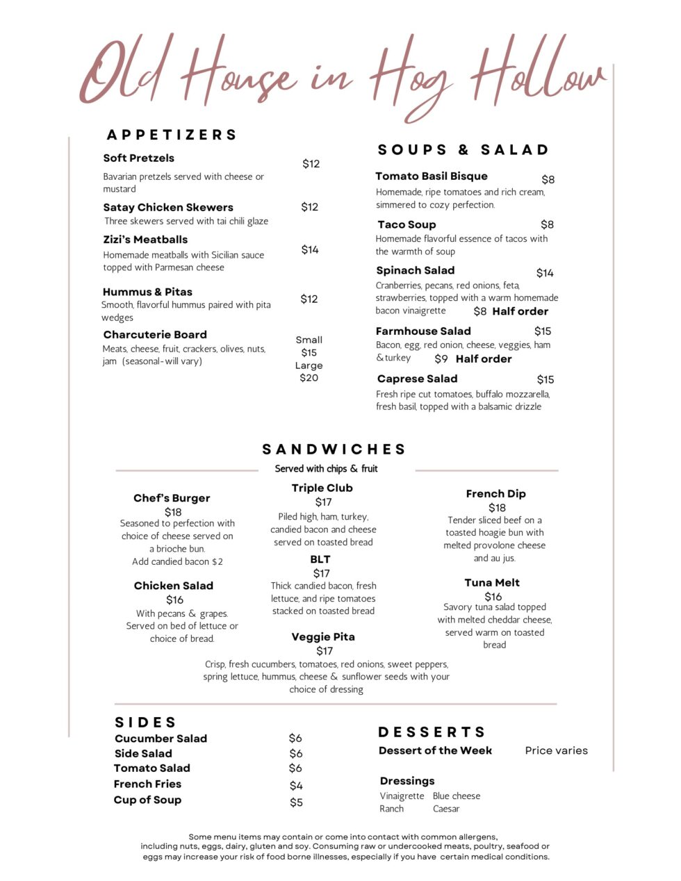 Menu | Old House in Hog Hollow | MO